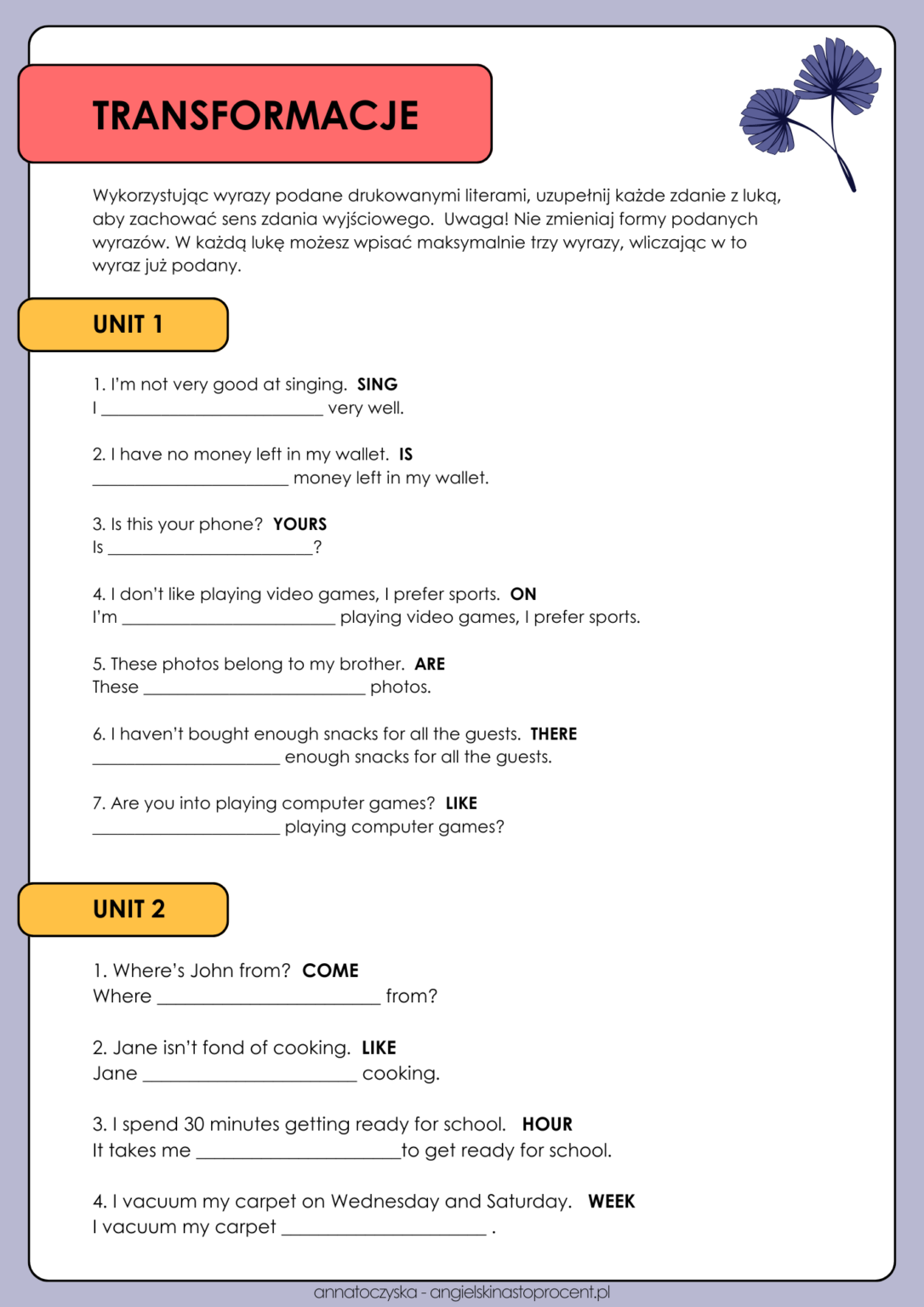 TRANSFORMACJE - zestaw ćwiczeń do egzaminu - Angielski na 100%